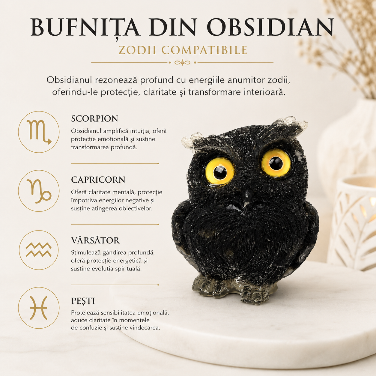 Bufnita din Obsidian Natural – Protectie, Claritate si Intelepciune