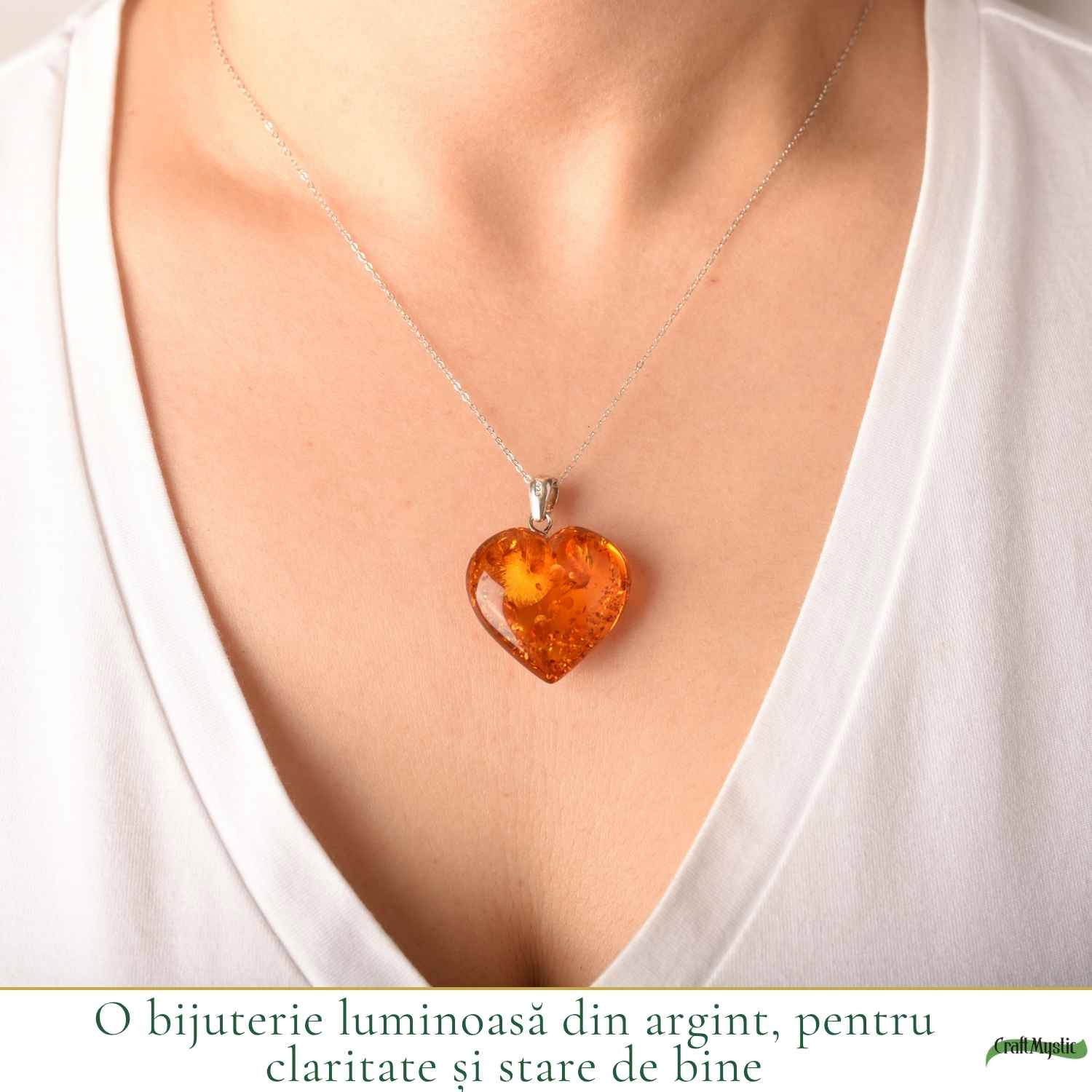 Colier Argint 925 cu Chihlimbar Inima – Iubire, Caldura si Feminitate